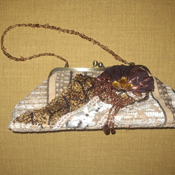 Vintage | Bags | Vintage Brown Floral Beaded Convertible Clutch Snap ...